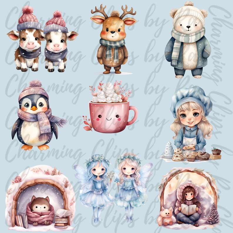 Watercolor Cute Kawaii Winter Clipart, Snowman Clipart, Seasonal, Cozy ...