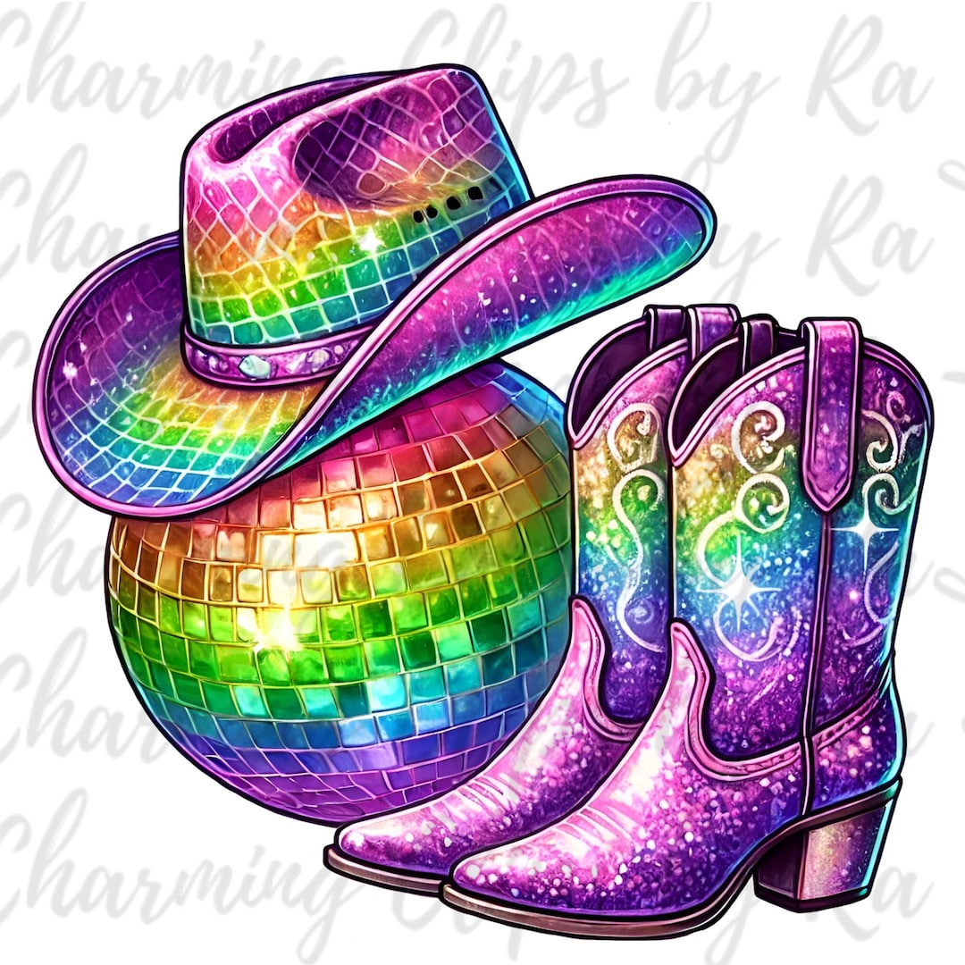 Disco Ball and Cowboy Boots Png, Cowgirl Party Png, Pink Western Party ...