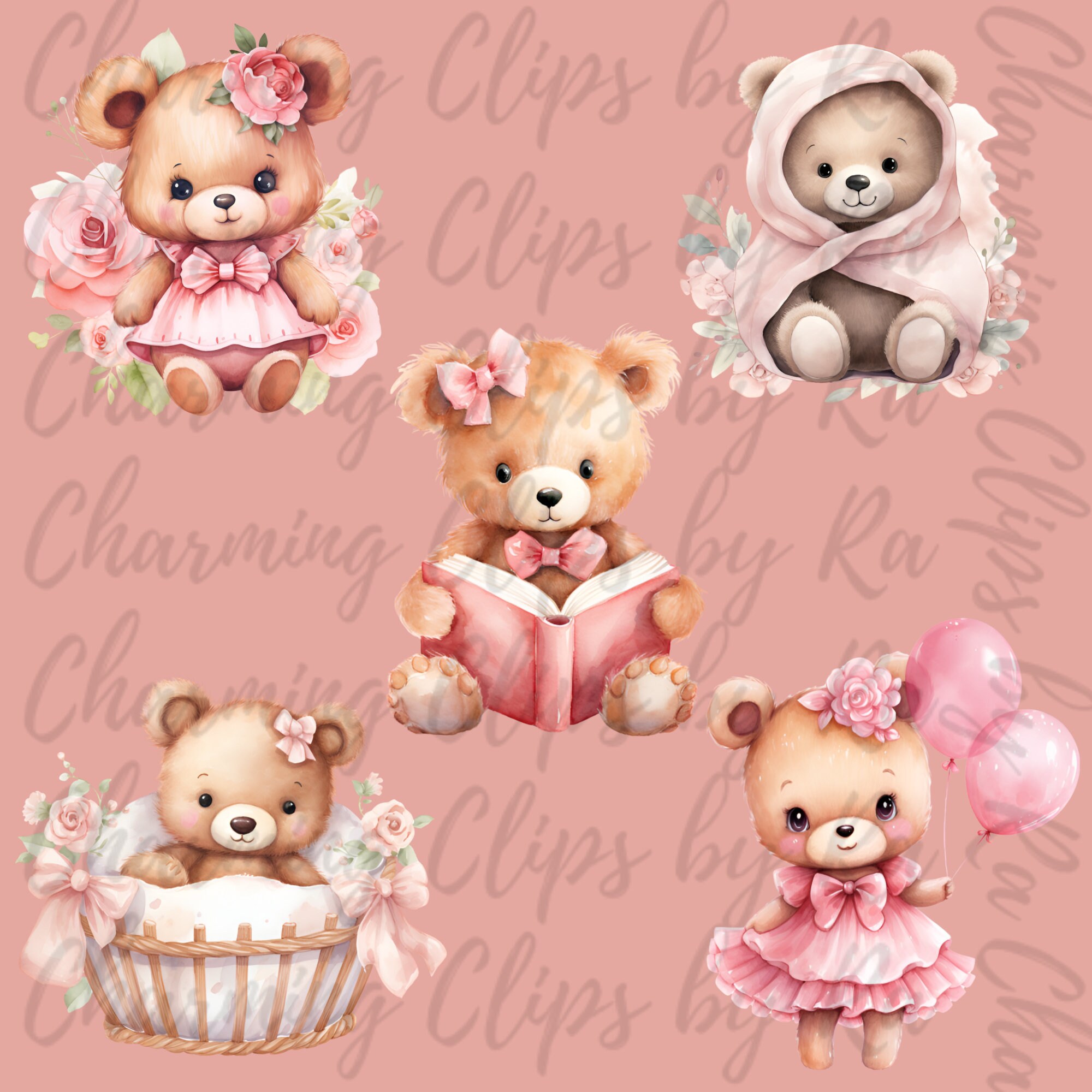 Watercolor Teddy Bear Clipart Bundle, Girl Baby Shower PNG, Cute Pink ...