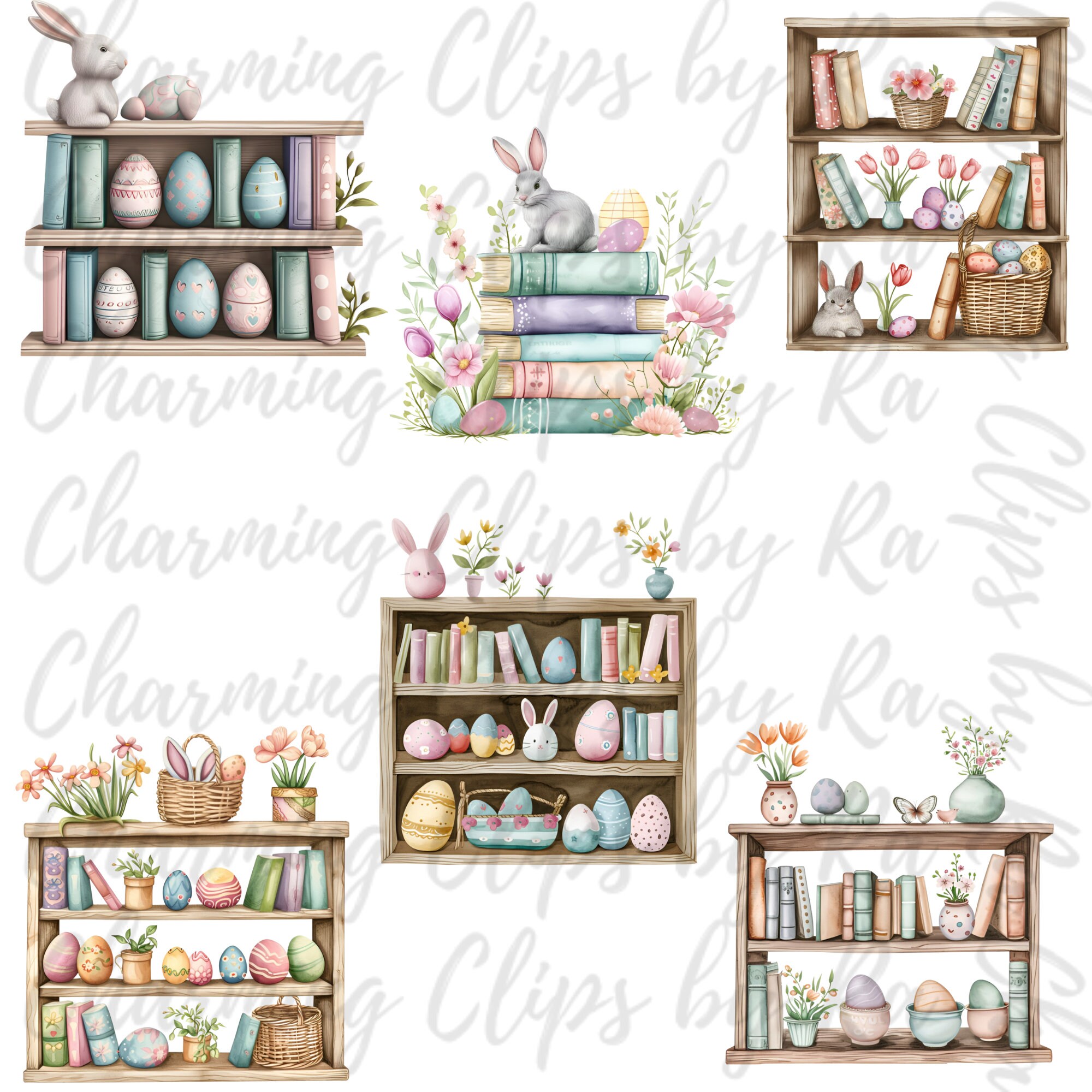 Watercolor Easter Bookcase Clipart, Easter Bookshelf Bundle, Library ...