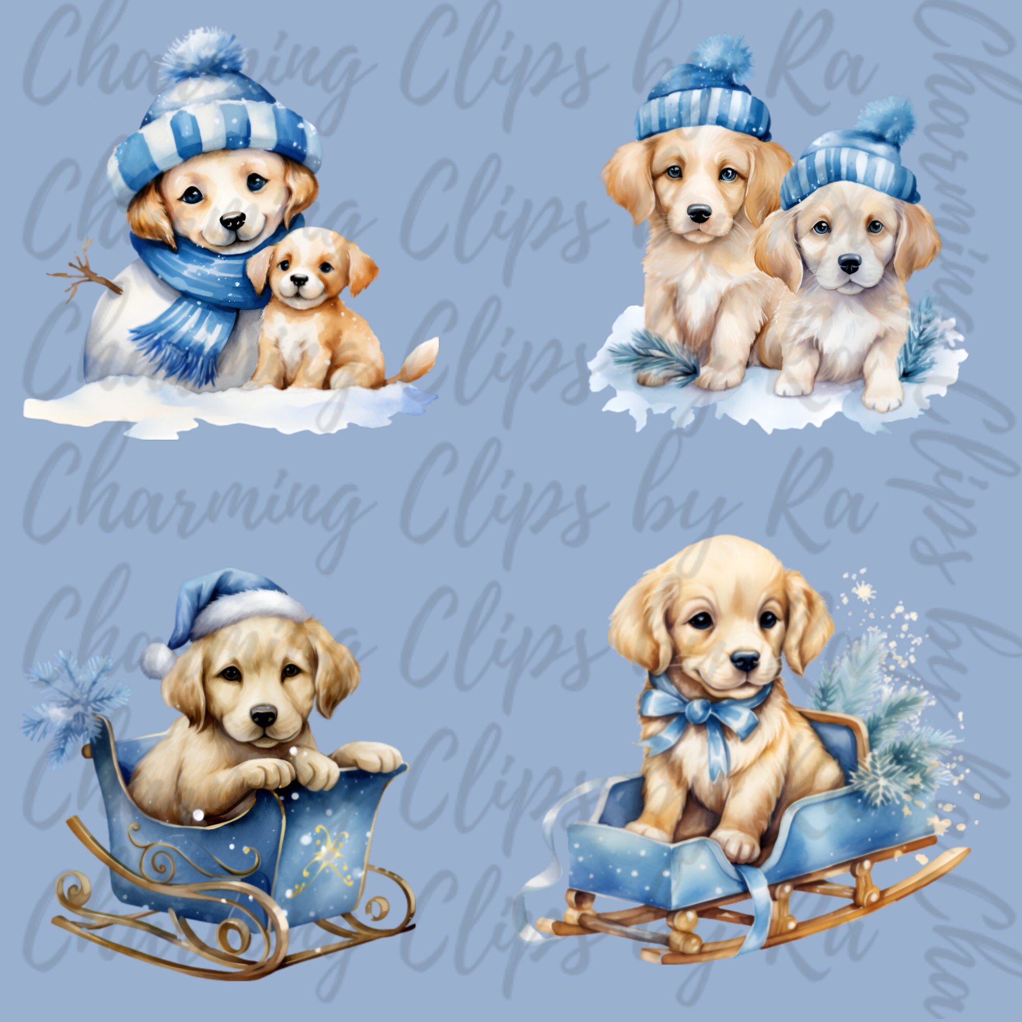 Dog Clipart Bundle, Watercolor Blue Winter Puppies, Winter Animal, Junk ...