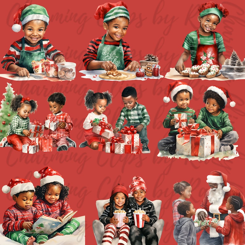 Watercolor Black Kids Christmas Clipart Bundle, African American ...