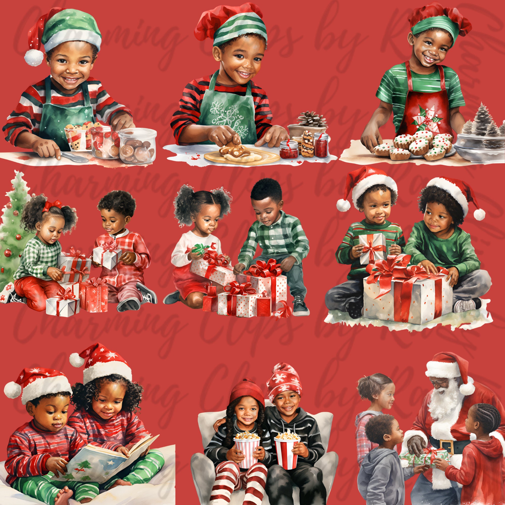 Watercolor Black Kids Christmas Clipart Bundle, African American ...