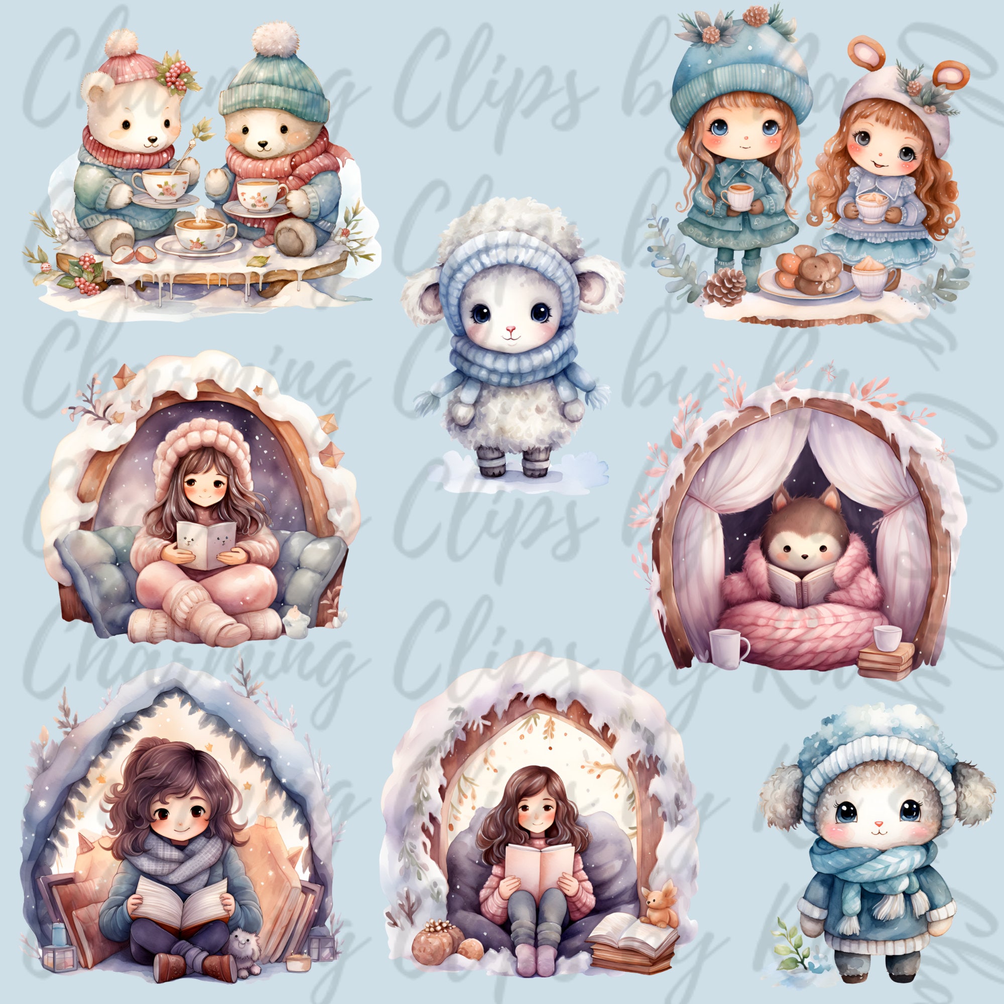 Watercolor Cute Kawaii Winter Clipart, Snowman Clipart, Seasonal, Cozy ...