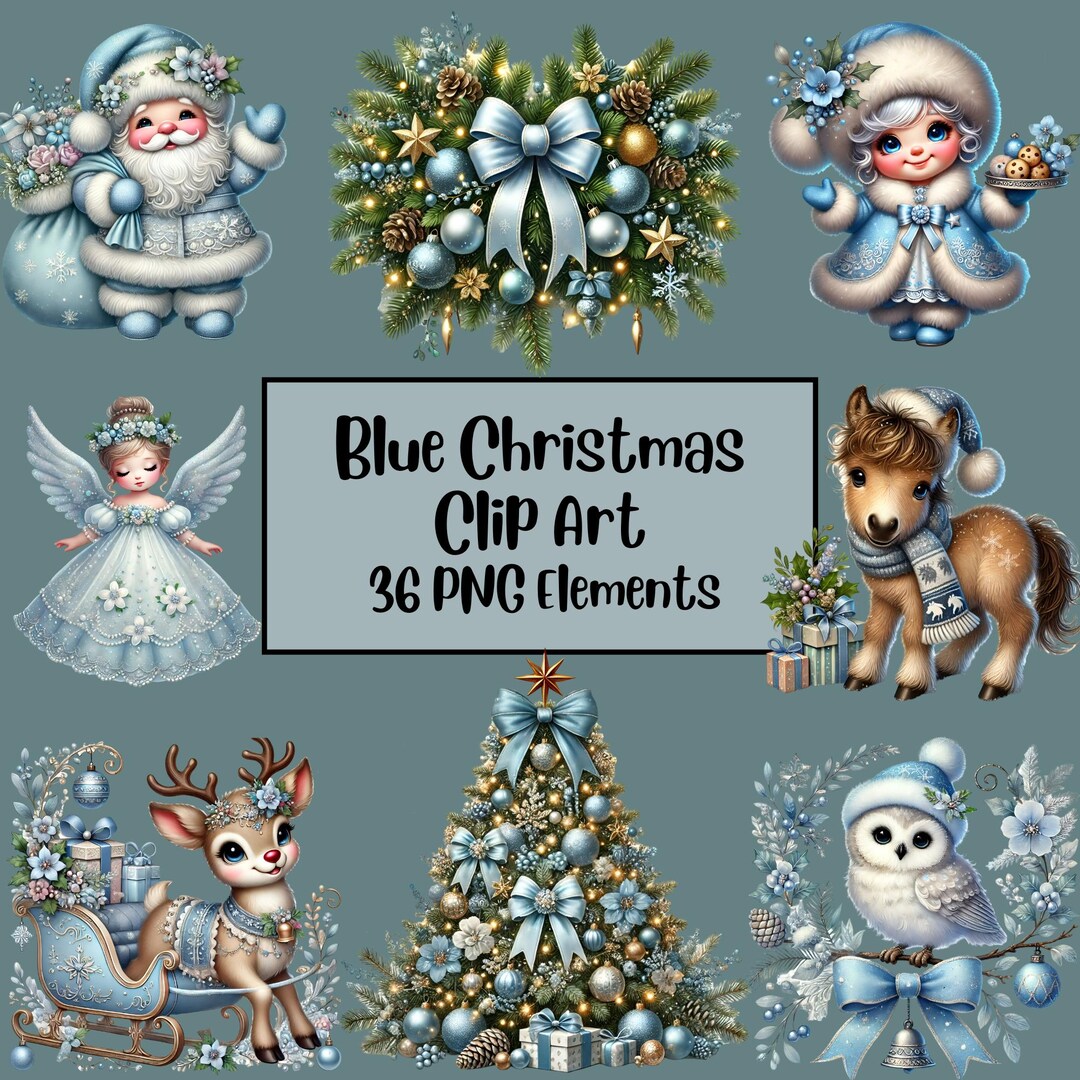Blue Christmas Clipart Bundle, Watercolor Winter Graphics, Holiday ...