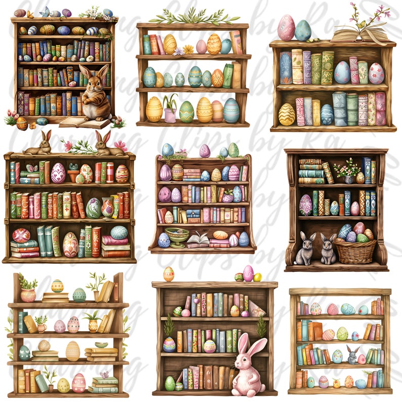 Watercolor Easter Bookcase Clipart, Easter Bookshelf Bundle, Library ...