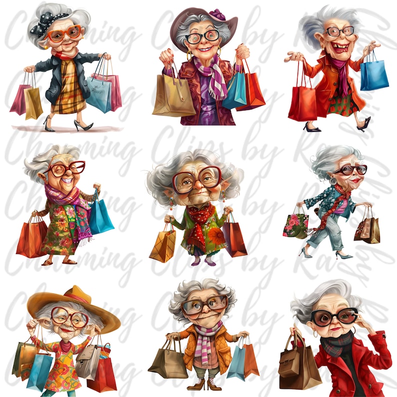 Funny Old Ladies Clipart, Shopping, Elderly Clipart, Cute Grandma, Old ...