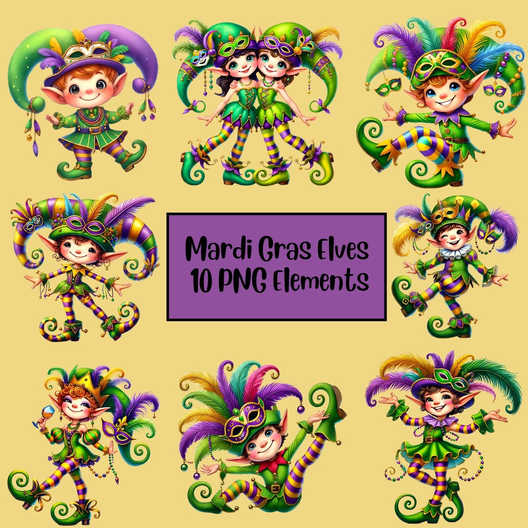 Mardi Gras Elves Clipart, Festive Elf PNG, Carnival Clipart, Beads ...