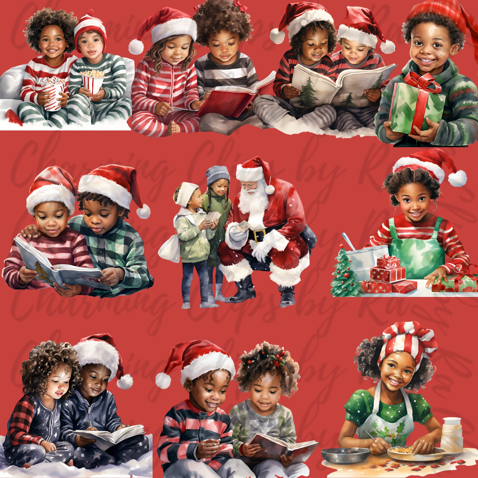Watercolor Black Kids Christmas Clipart Bundle, African American ...