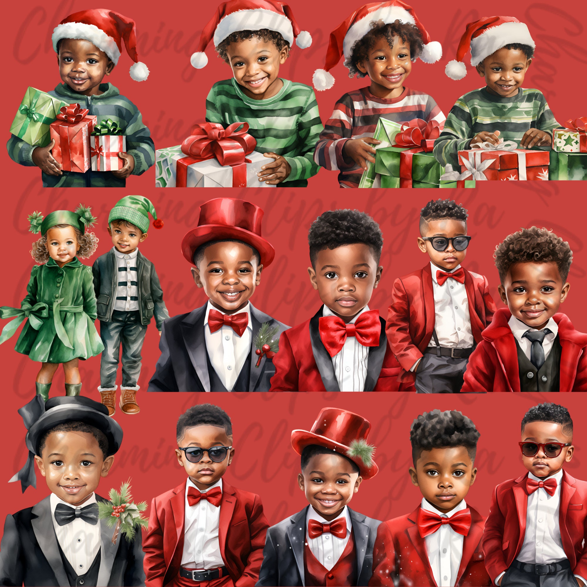 Watercolor Black Kids Christmas Clipart Bundle, African American ...
