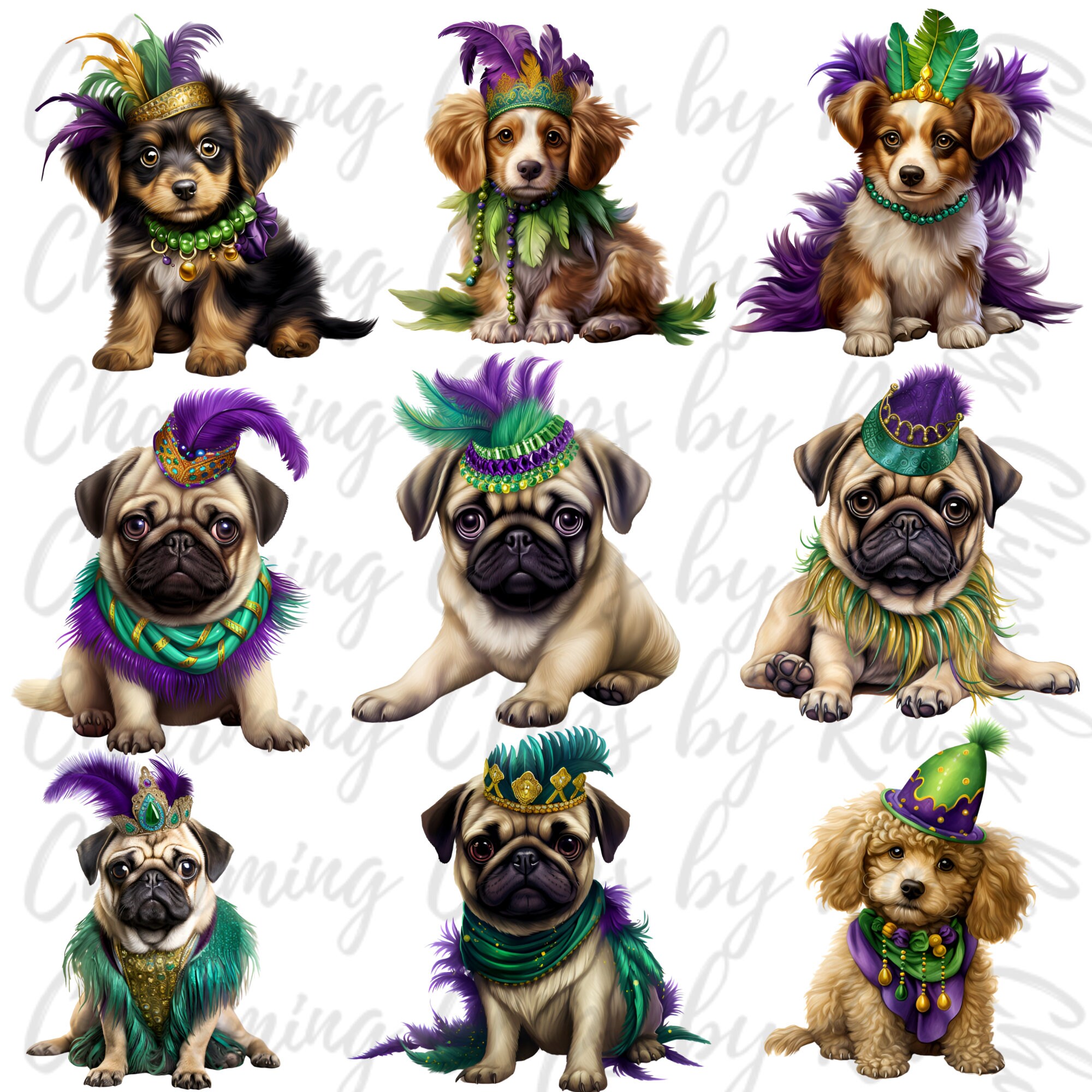 Dog Clipart Bundle, Mardi Gras Watercolor PNG, Festival, Fat Tuesday ...
