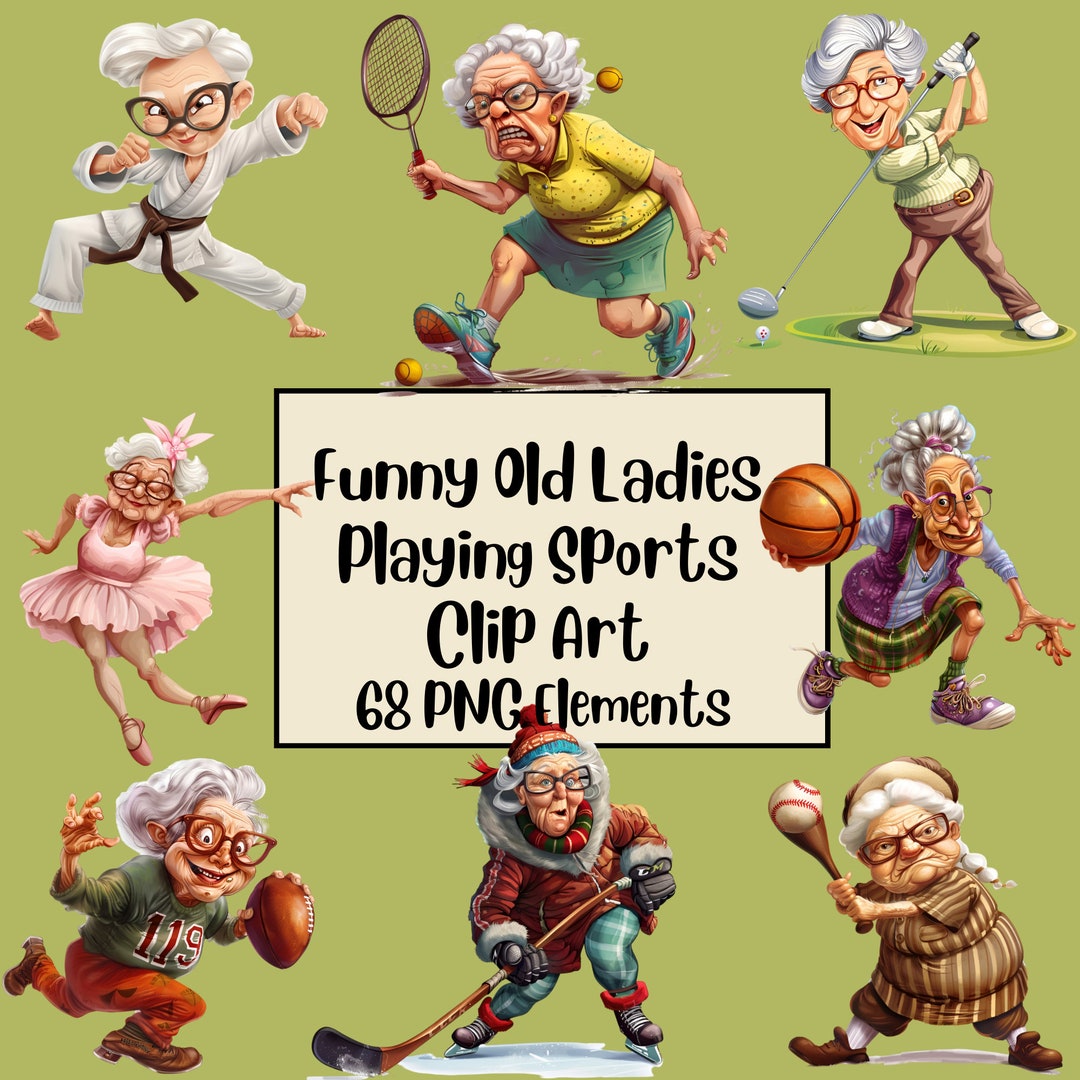 Funny Old Ladies Clipart, Elderly Clipart, Sport Bundle PNG, Old Ladies ...