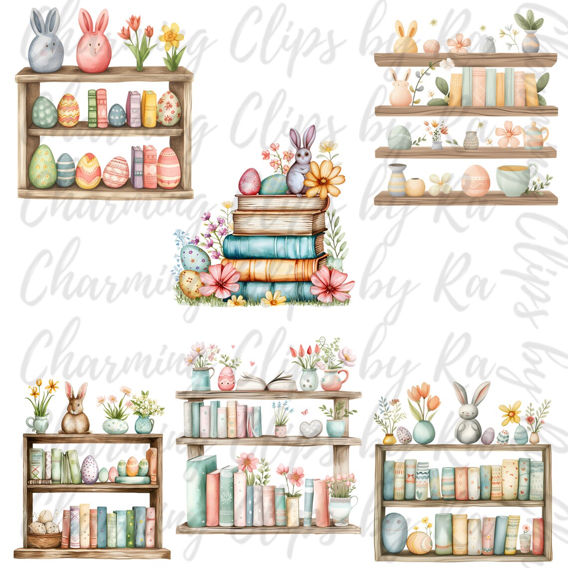 Watercolor Easter Bookcase Clipart, Easter Bookshelf Bundle, Library ...