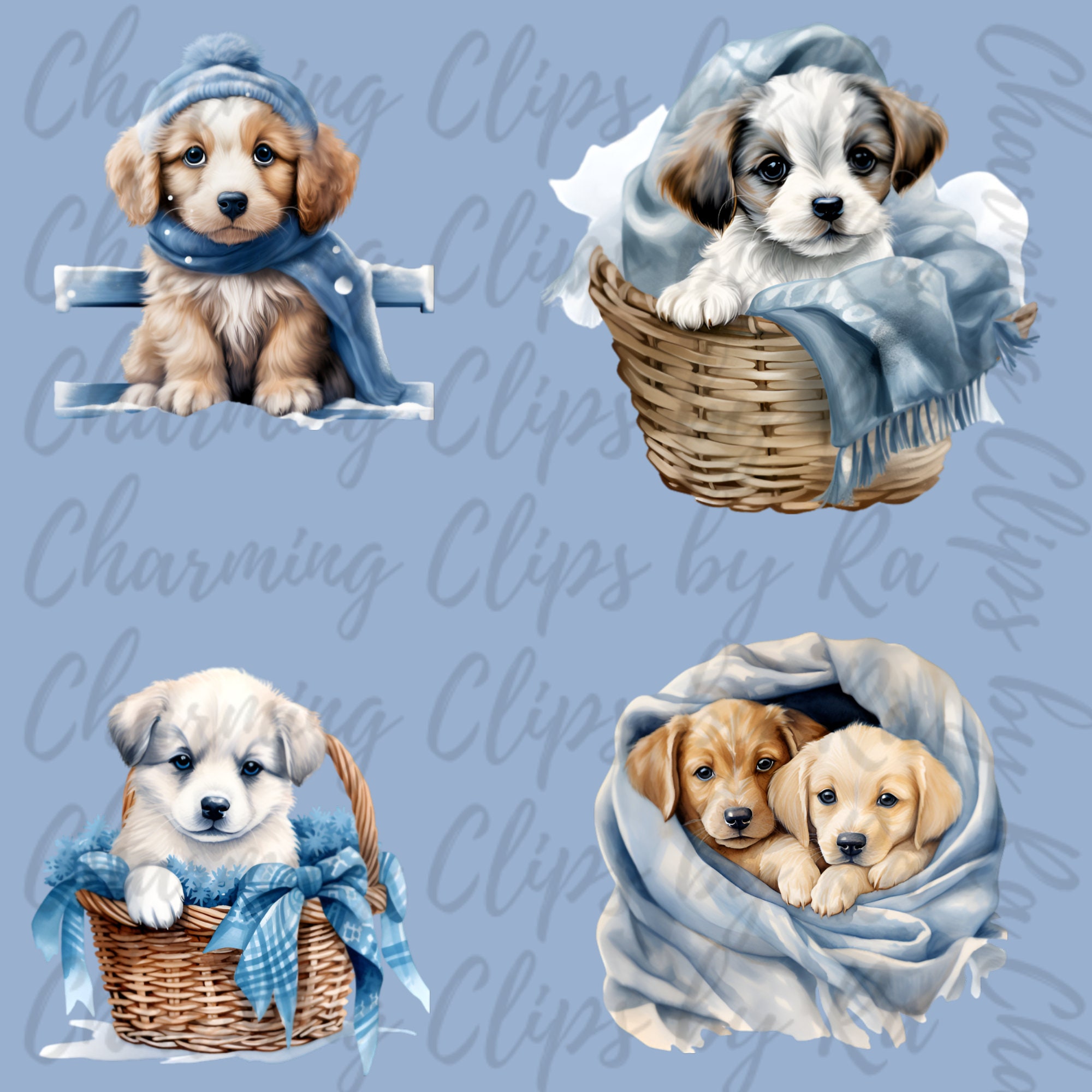Dog Clipart Bundle, Watercolor Blue Winter Puppies, Winter Animal, Junk ...