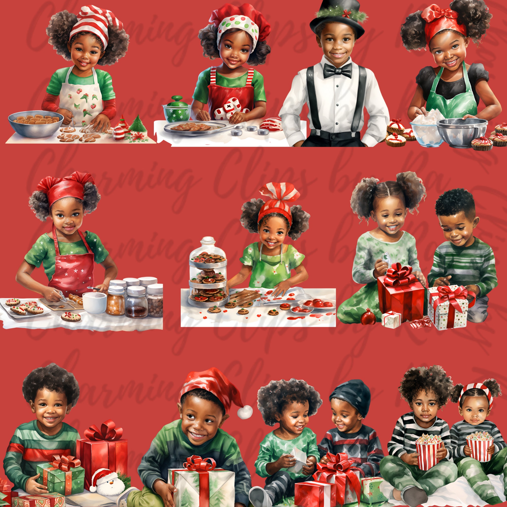 Watercolor Black Kids Christmas Clipart Bundle, African American ...