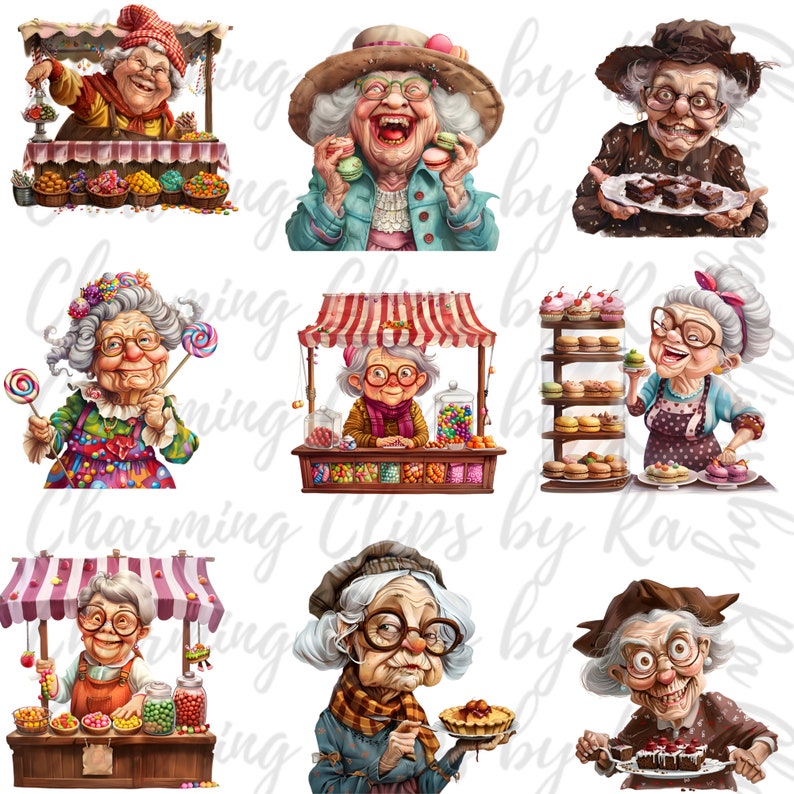 Funny Old Lady Sweets Bundle, Elderly Clipart, Cute Sweets Clipart, Old ...