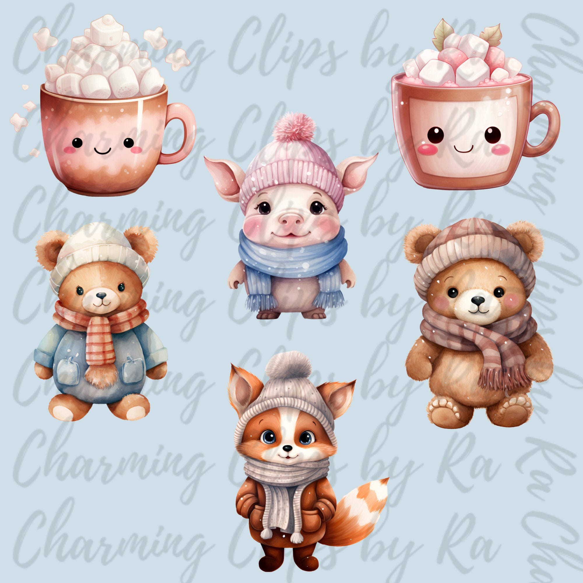 Watercolor Cute Kawaii Winter Clipart, Snowman Clipart, Seasonal, Cozy ...