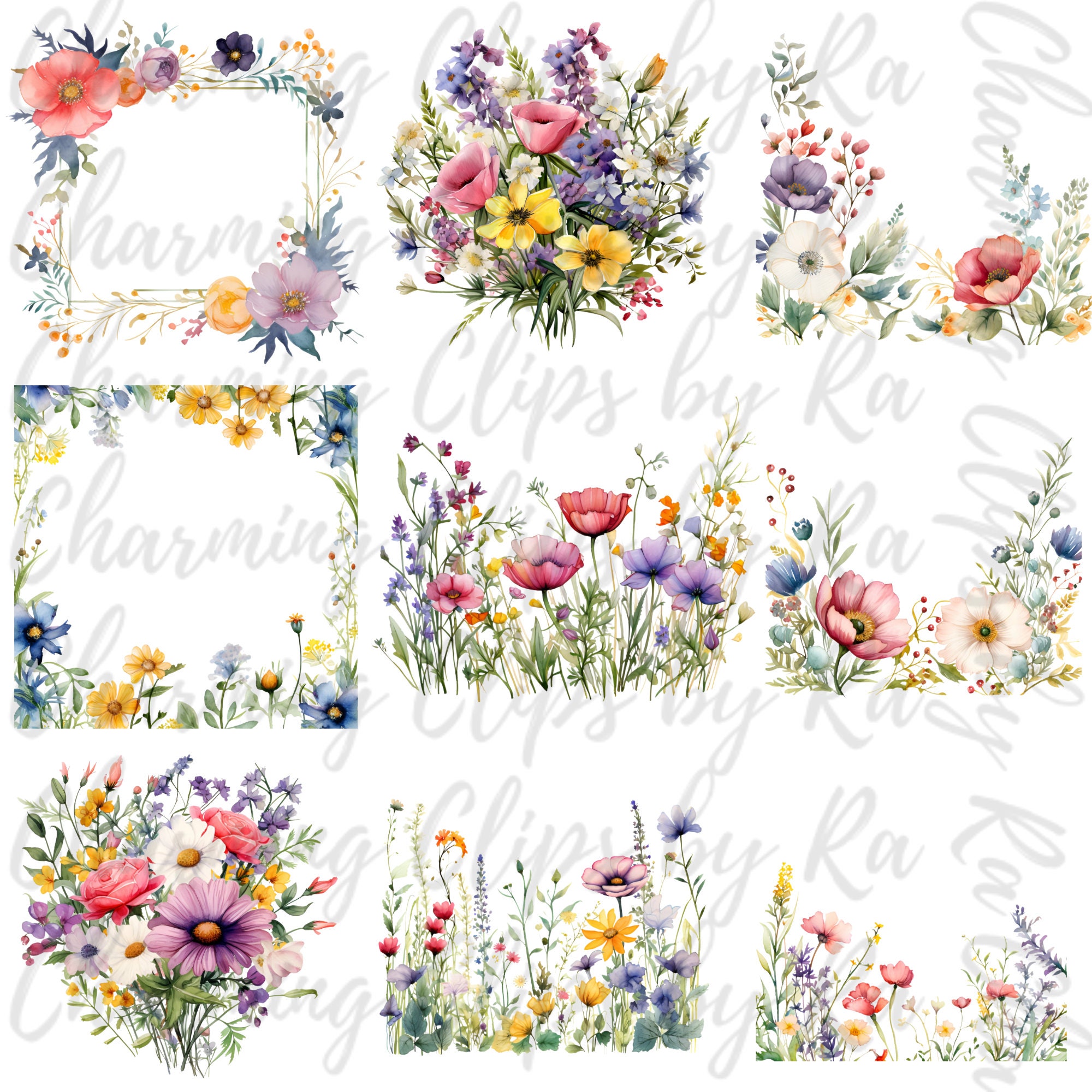 Floral Wildflowers Clipart, Wildflowers Bouquet Bundle, Spring Clipart ...