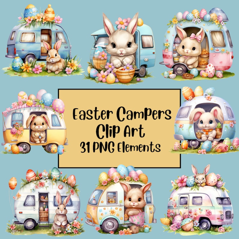 Cute Easter Bunny Clipart, Camper PNG Bundle, Campervan Life, Spring ...