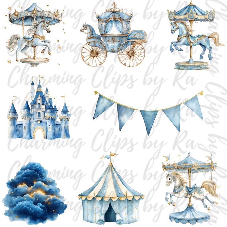 Watercolor Blue Carousel Clipart, Whimsical Ballerina Carousel Magical ...