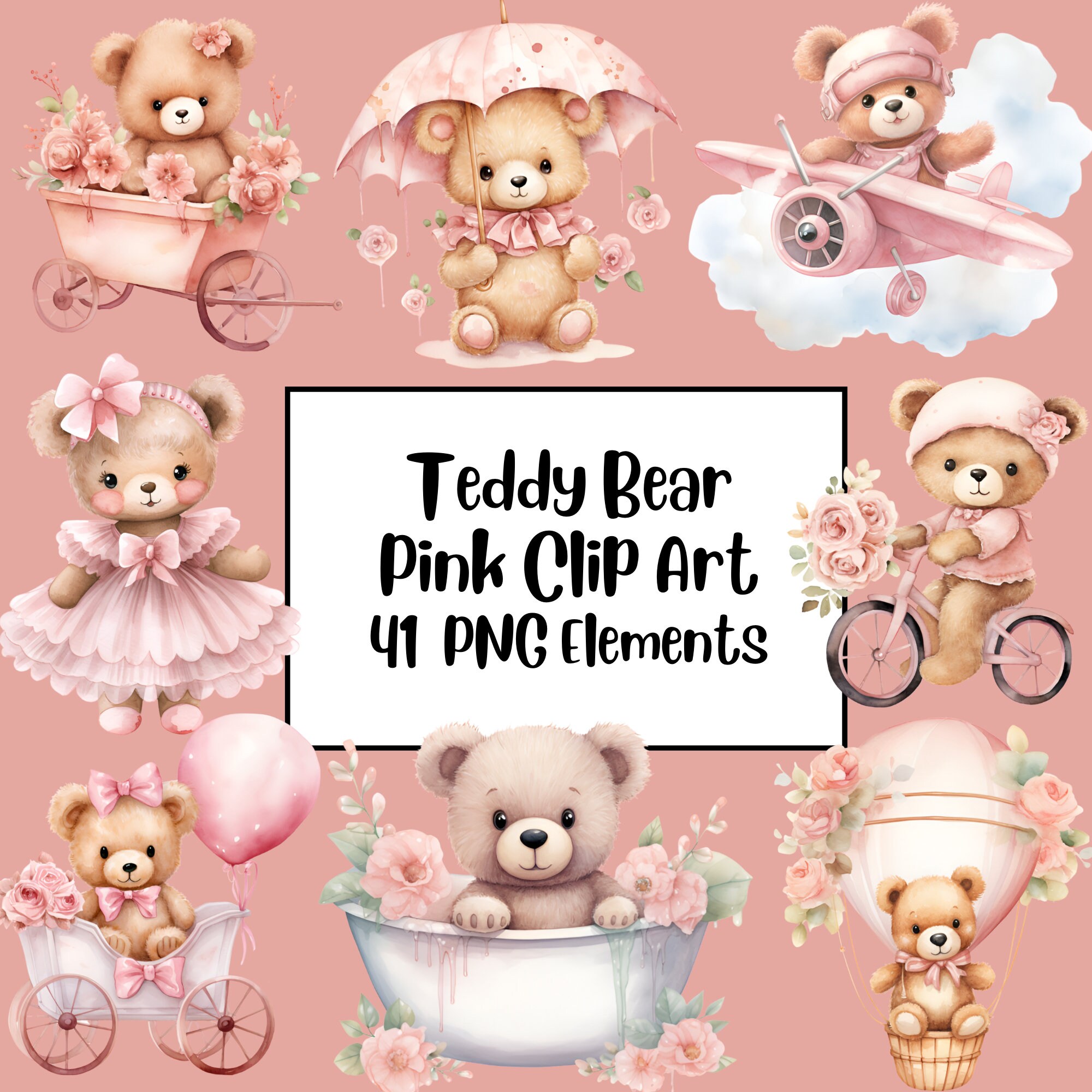 Watercolor Teddy Bear Clipart Bundle, Girl Baby Shower PNG, Cute Pink ...