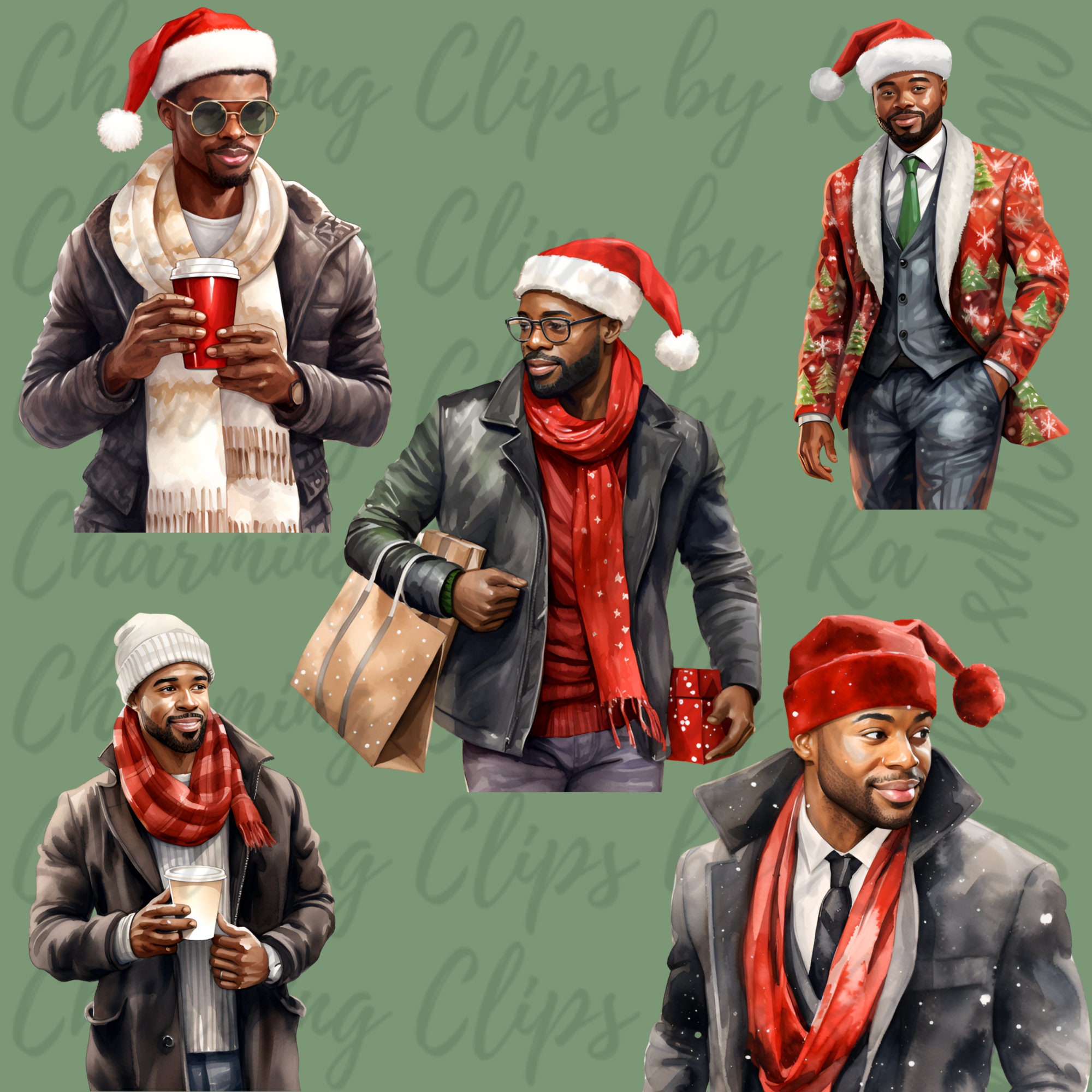 Black Man Christmas Watercolor Clipart, Husband Clipart, Afro Man ...