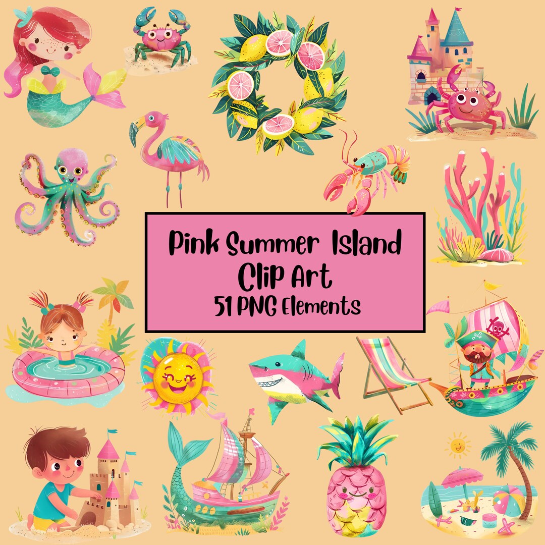 Summer Vibes Clipart, Island, Pink Summer Beach, Ocean Graphics ...