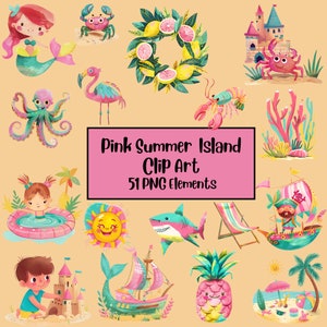 Summer Vibes Clipart, Island, Pink Summer Beach, Ocean Graphics ...