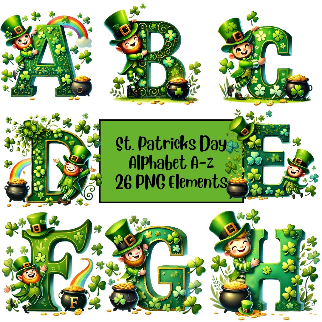 St. Patrick's Day Alphabet PNG Bundle, Shamrock Letters, Leprechaun PNG ...