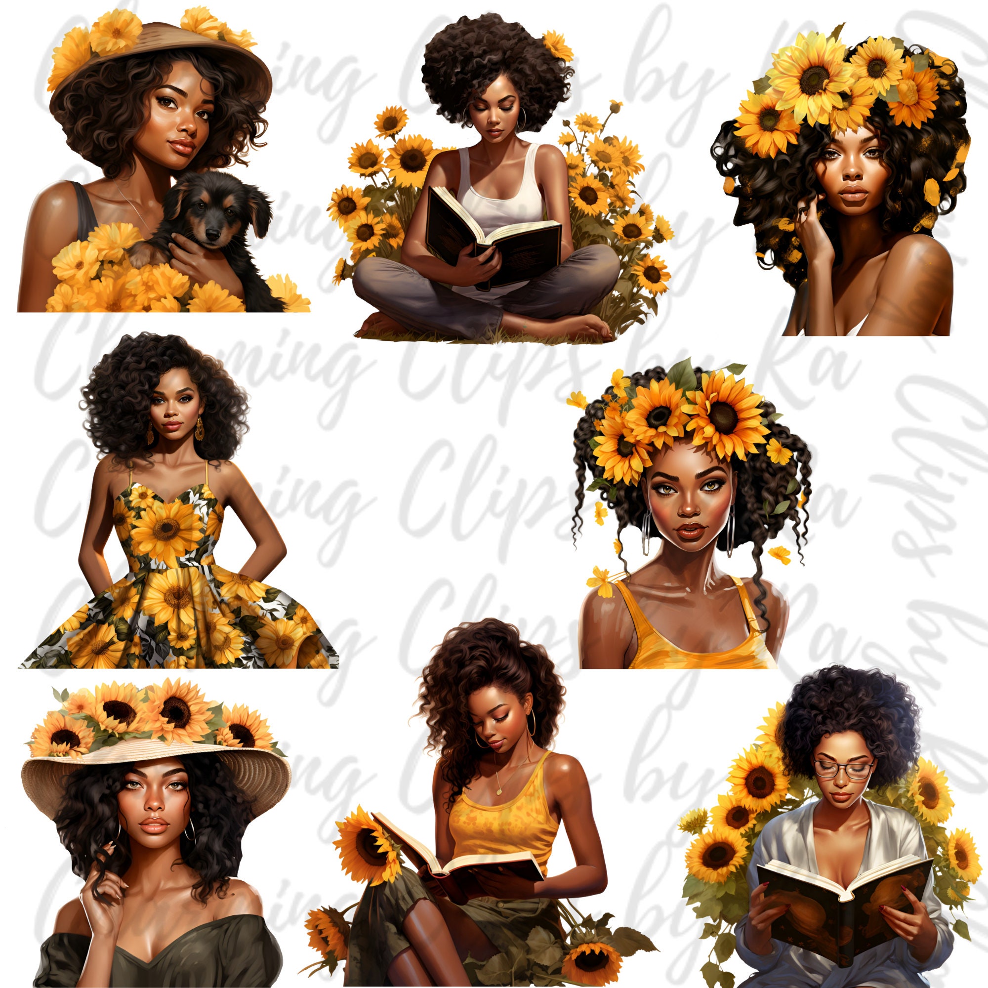 Black Woman Sunflower Clipart Bundle, Floral PNG, Black Clipart, Afro ...