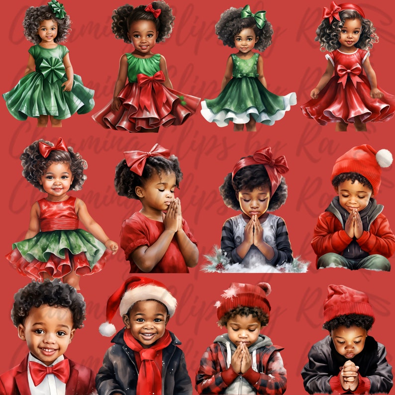 Watercolor Black Kids Christmas Clipart Bundle, African American ...