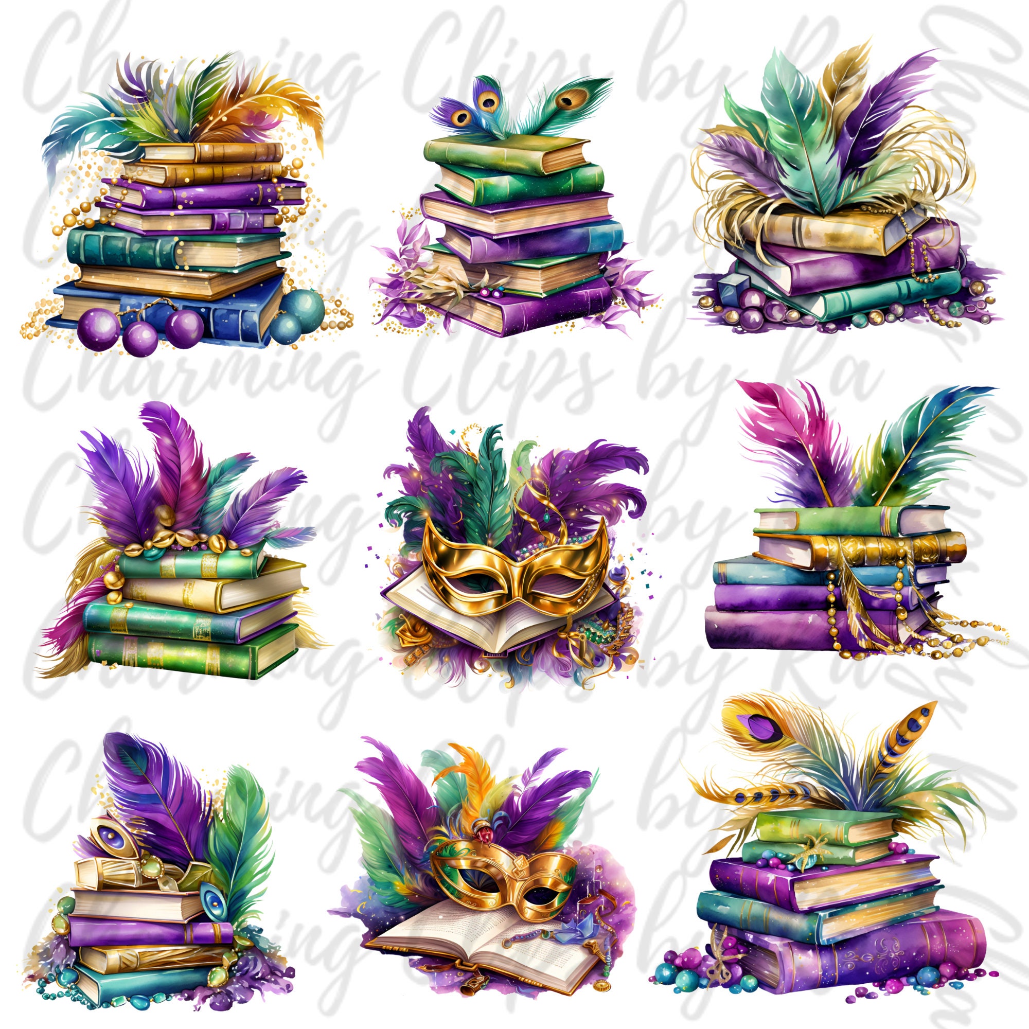 Mardi Gras Book PNG Bundle, Watercolor Clipart, Bookworm, Booklover ...