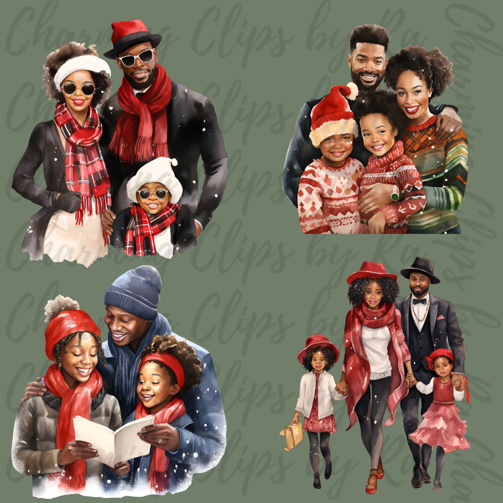 Watercolor Christmas Black Family Clipart PNG, Festive, Holiday Clipart ...