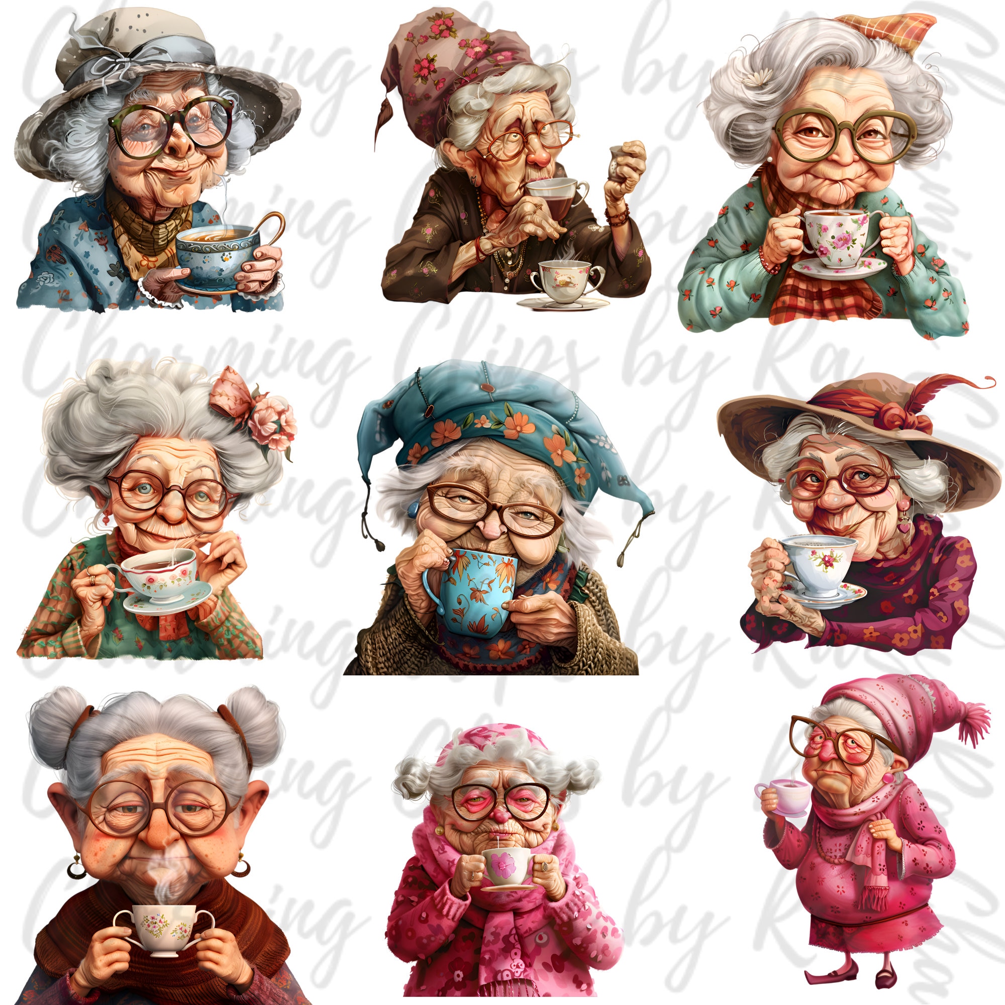 Funny Old Ladies Clipart, Tea Time Clipart, Elderly Clipart, Cute ...