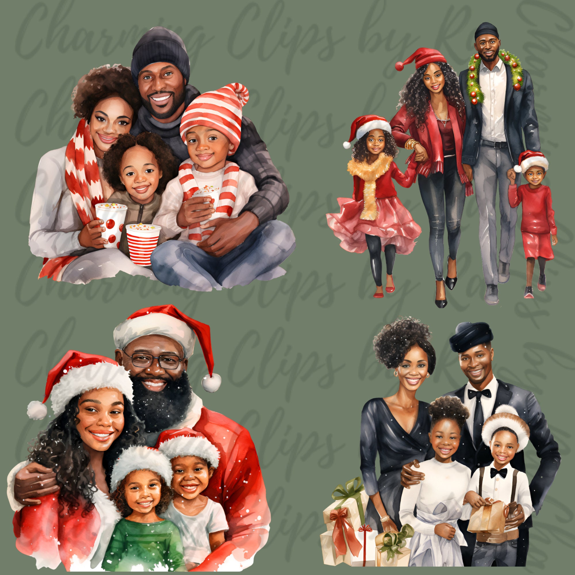 Watercolor Christmas Black Family Clipart PNG, Festive, Holiday Clipart ...