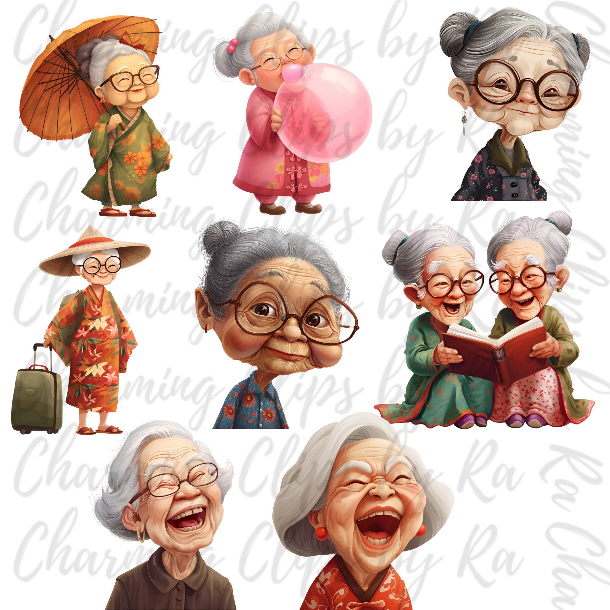 Funny Old Ladies Clipart, Elderly Clipart, Cute Grandma, Old Ladies PNG Bundle, Cheerful Old ...