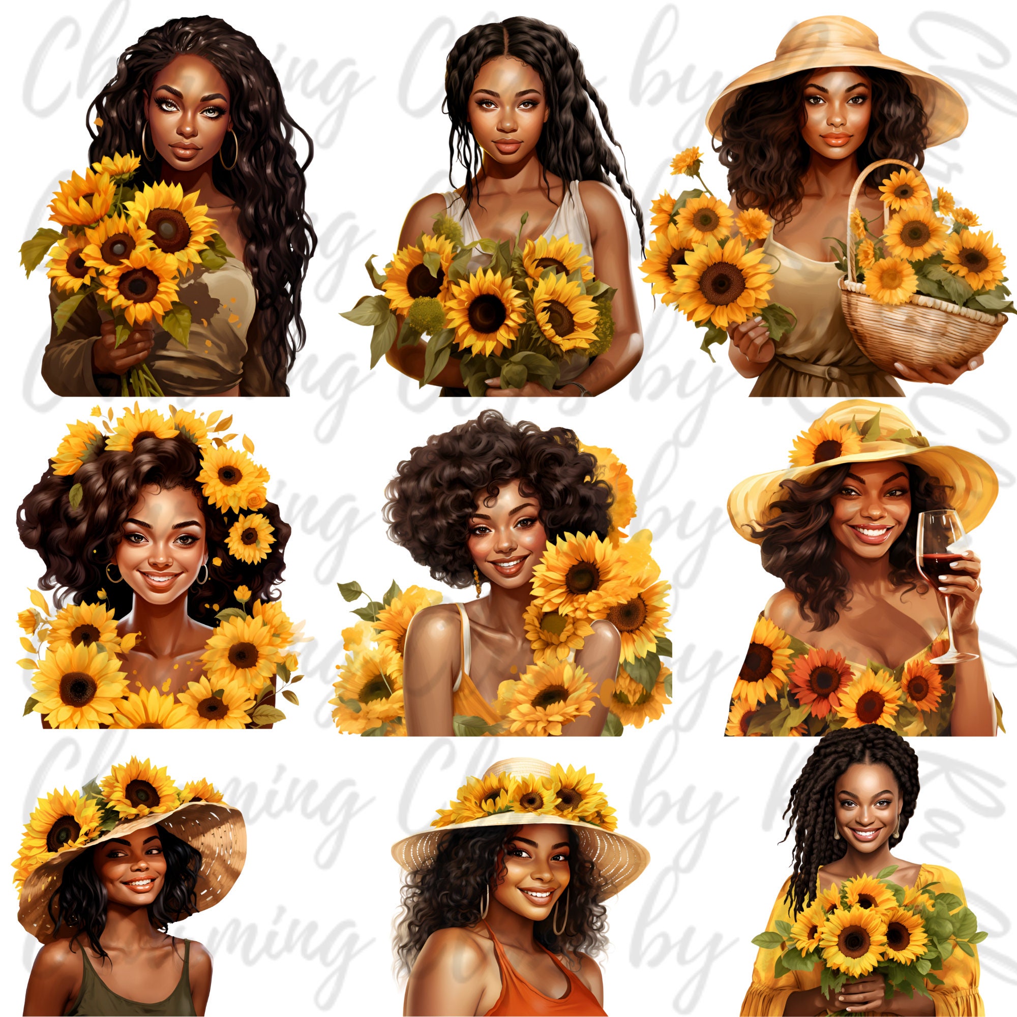 Black Woman Sunflower Clipart Bundle, Floral PNG, Black Clipart, Afro ...