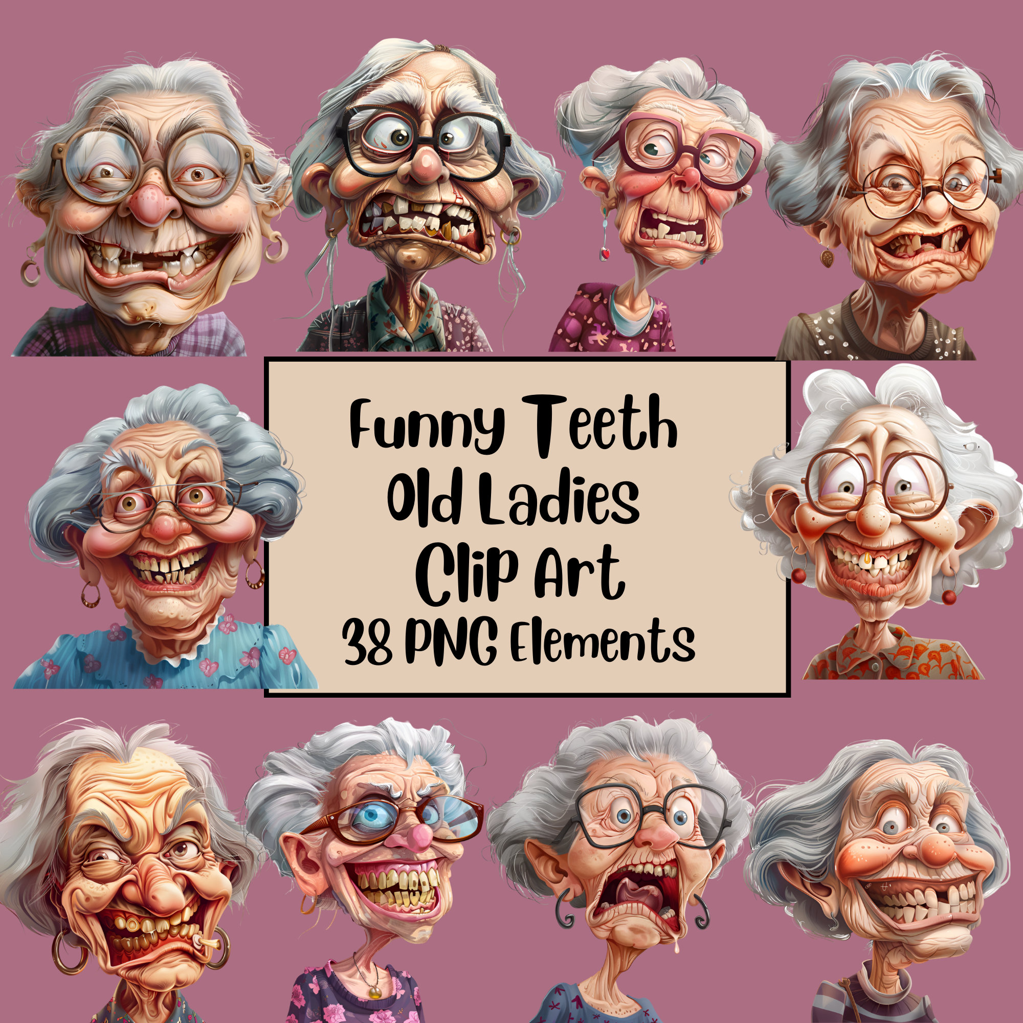 Funny Old Ladies Clipart, Elderly Clipart, Cute Grandma, Old Ladies PNG Bundle, Cheerful Old ...
