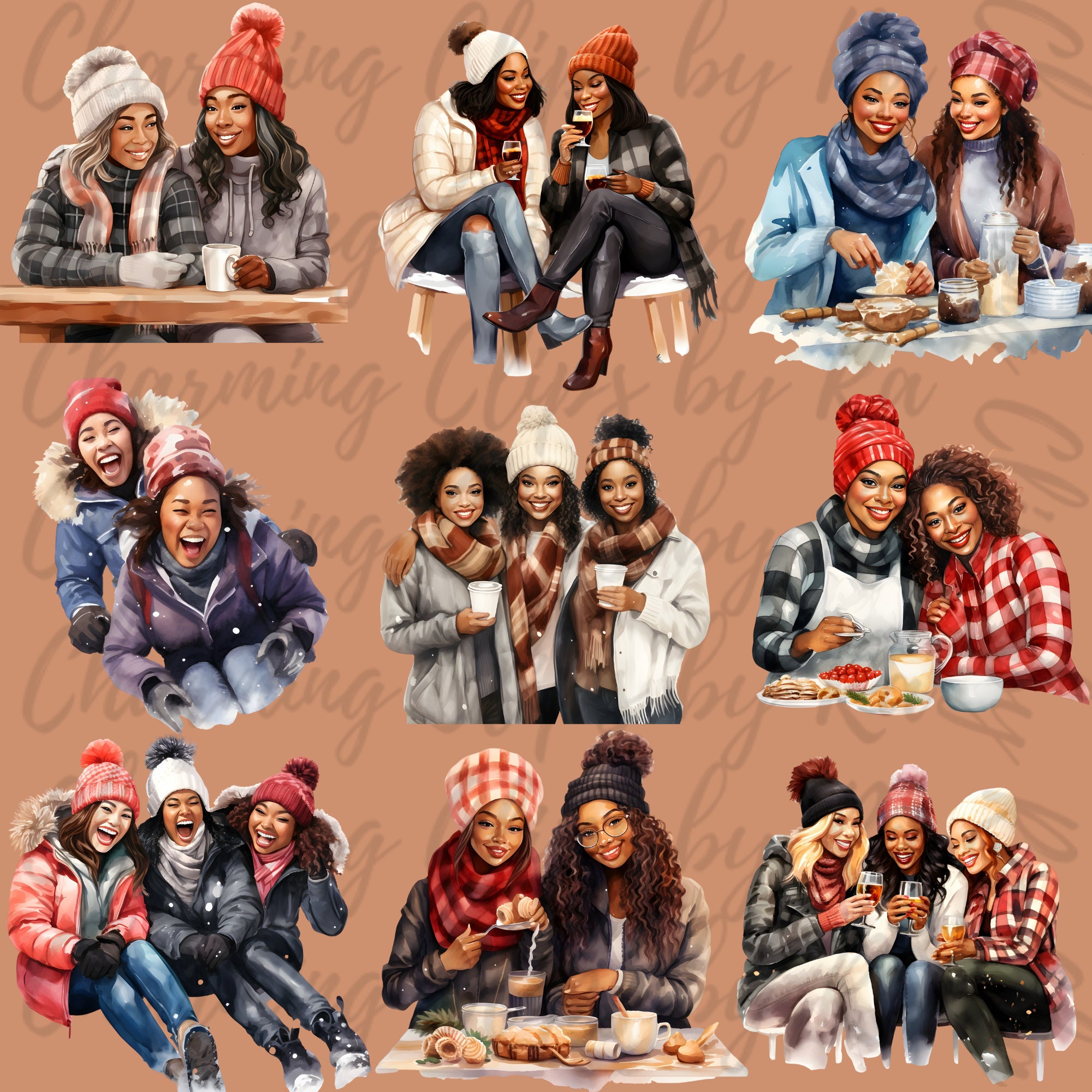 Watercolor Best Friends Black Women Winter Clipart, Besties, Best ...