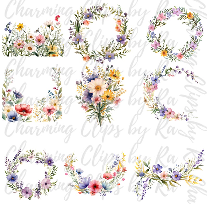 Floral Wildflowers Clipart, Wildflowers Bouquet Bundle, Spring Clipart ...