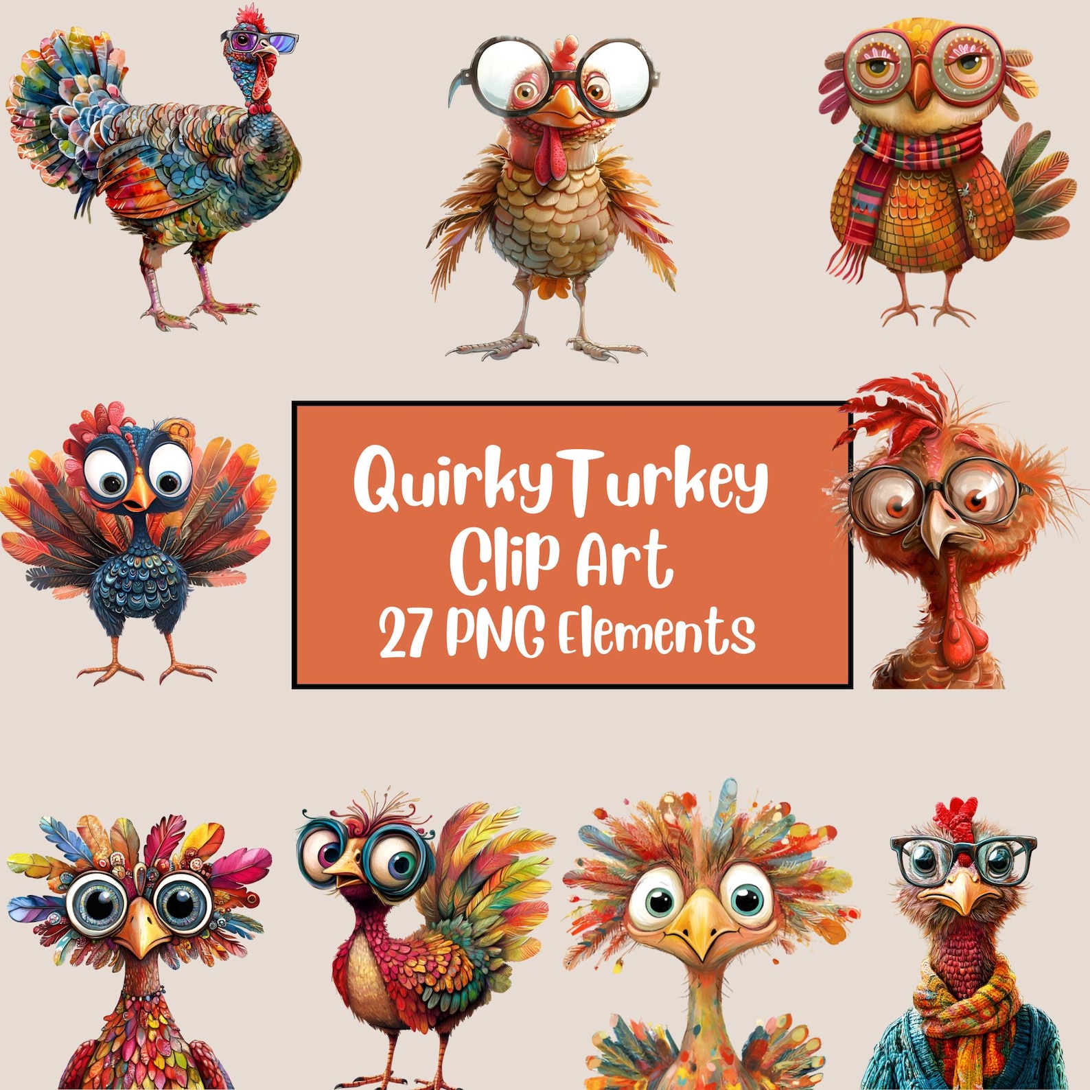 Quirky Birds Clipart, Quirky Turkey, Fall Festive Clipart, Thanksgiving ...