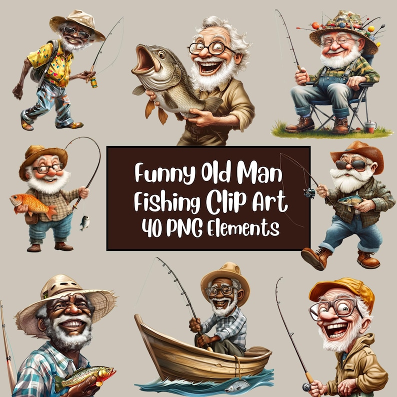 Funny Old Man Clipart, Cute Fishing Clipart, Elderly Clipart, Grandpa ...