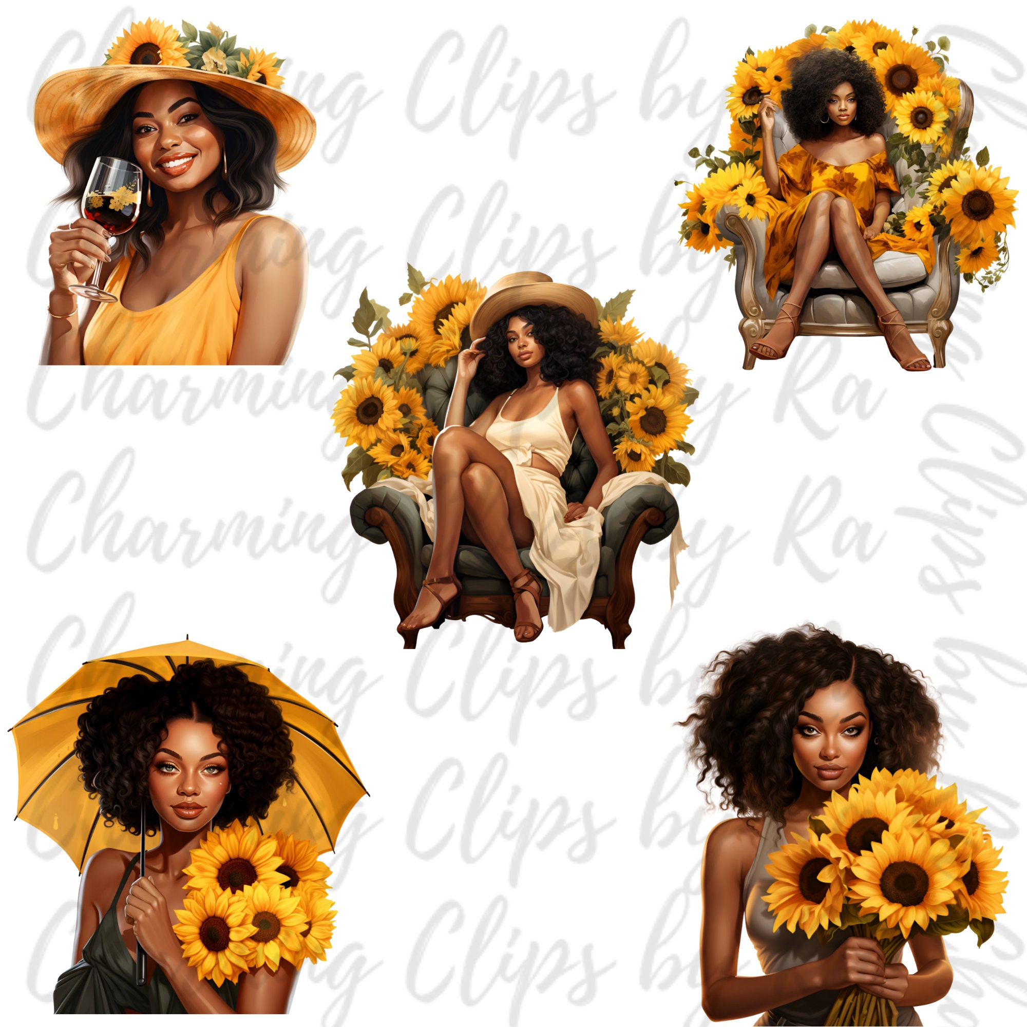 Black Woman Sunflower Clipart Bundle, Floral PNG, Black Clipart, Afro ...