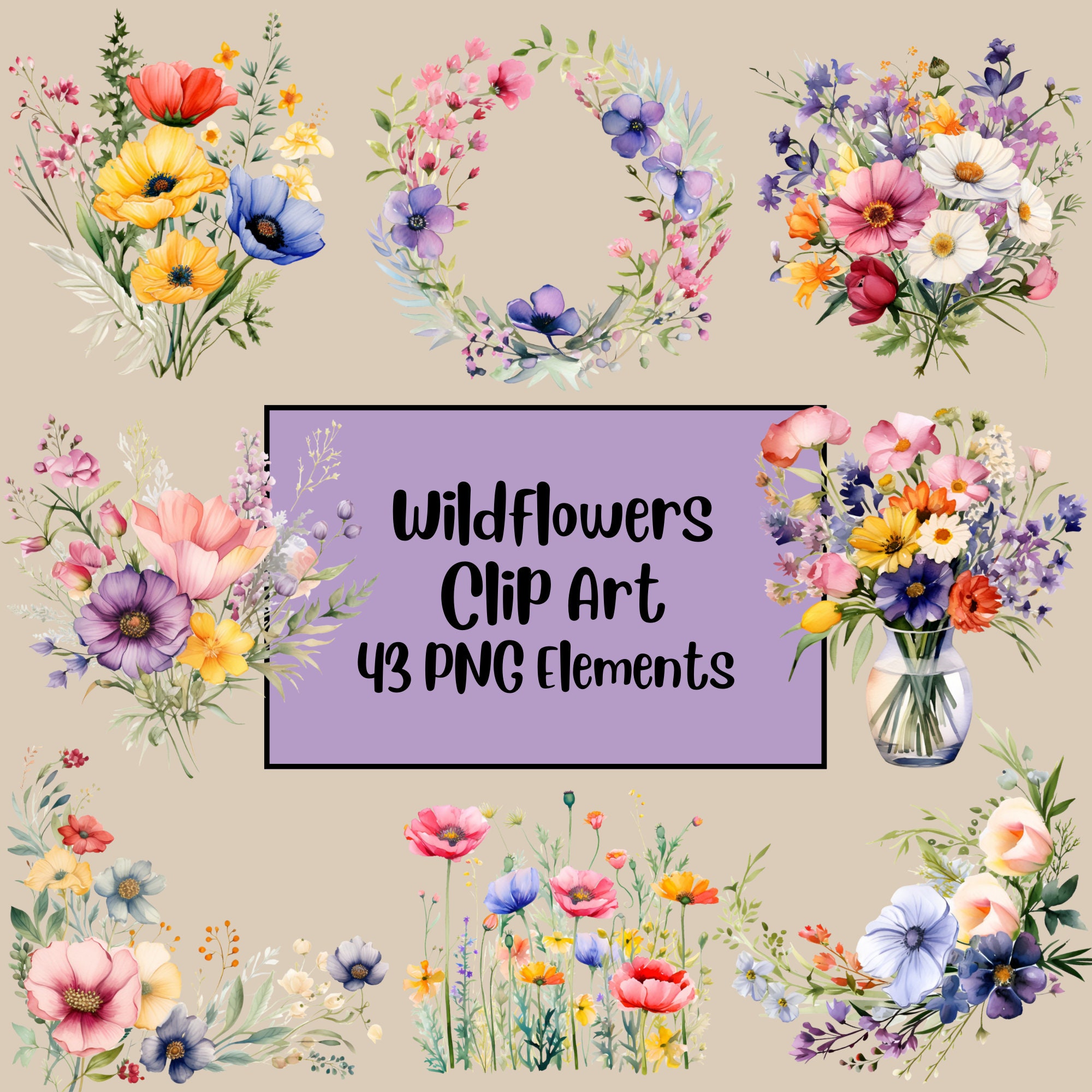 Floral Wildflowers Clipart, Wildflowers Bouquet Bundle, Spring Clipart ...
