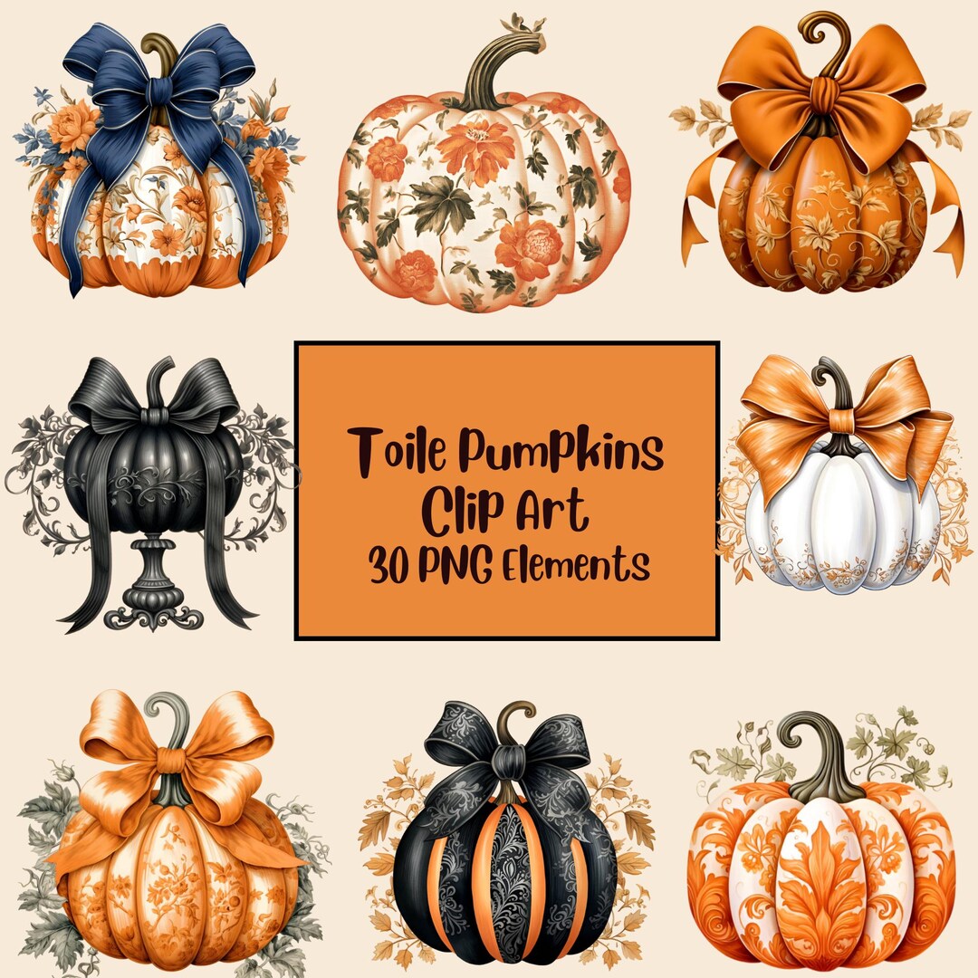 Toile Pumpkin Clipart Pack, Toile De Joy Print, Floral Pumpkin Coquette ...