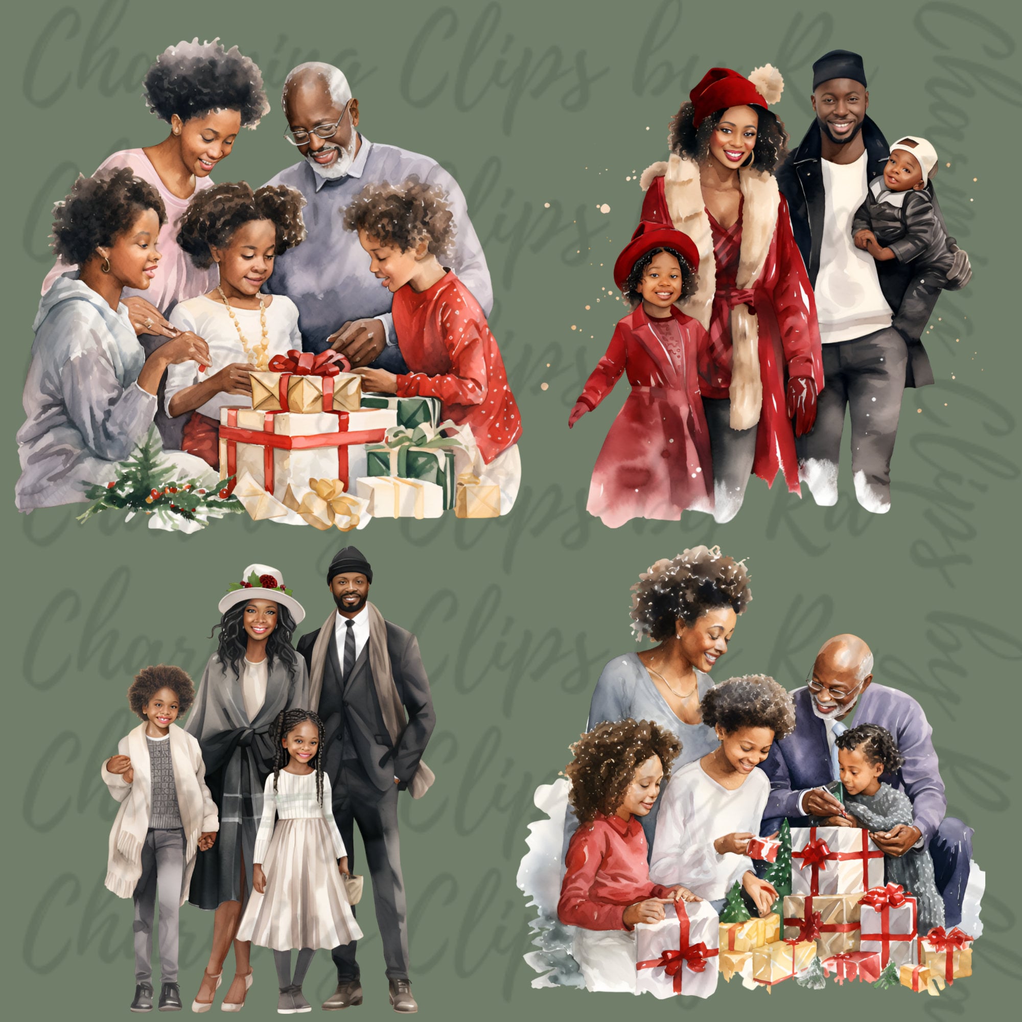 Watercolor Christmas Black Family Clipart PNG, Festive, Holiday Clipart ...