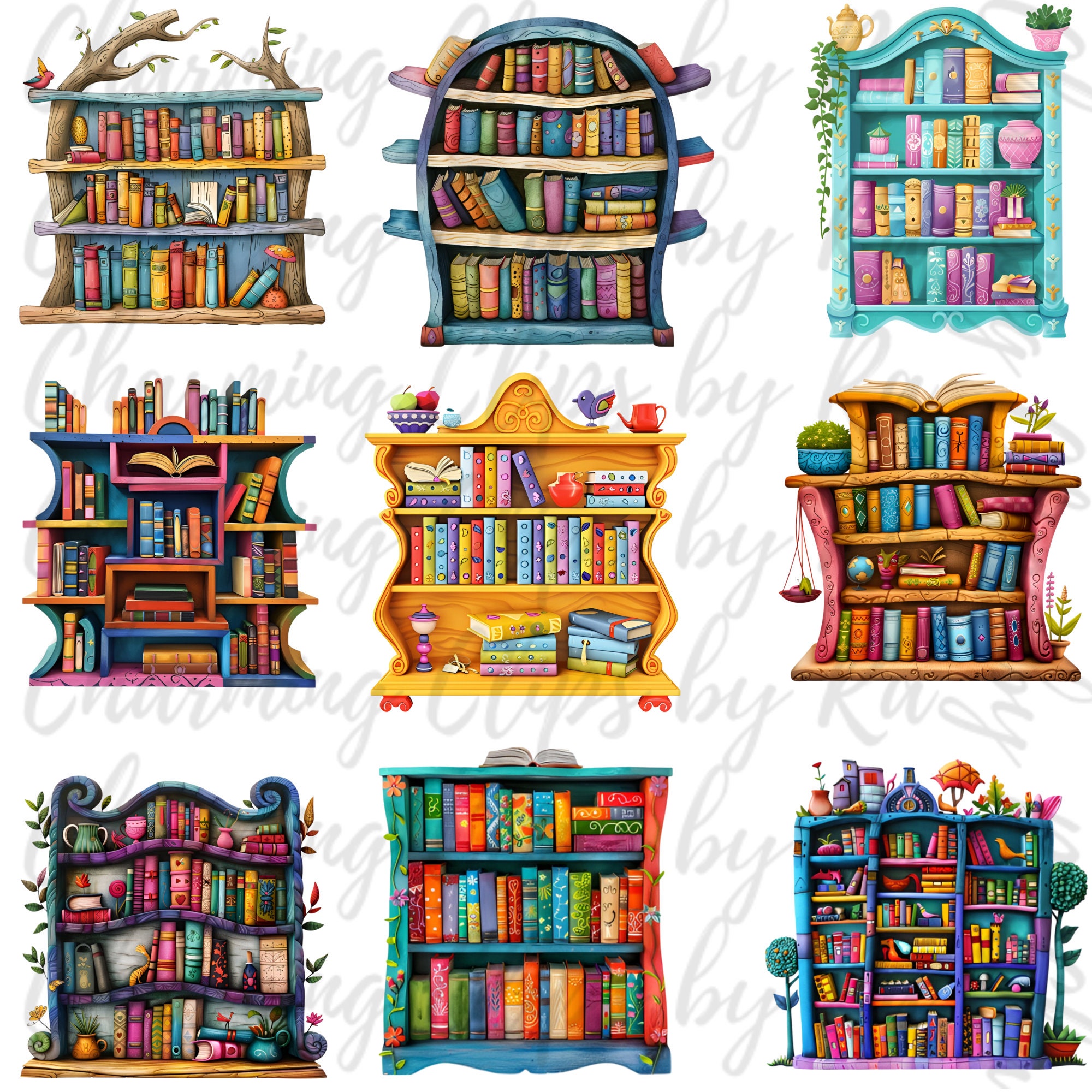 Bookshelf Clipart, Bookcase Clipart, Stacked Book, Cozy Bookworms ...