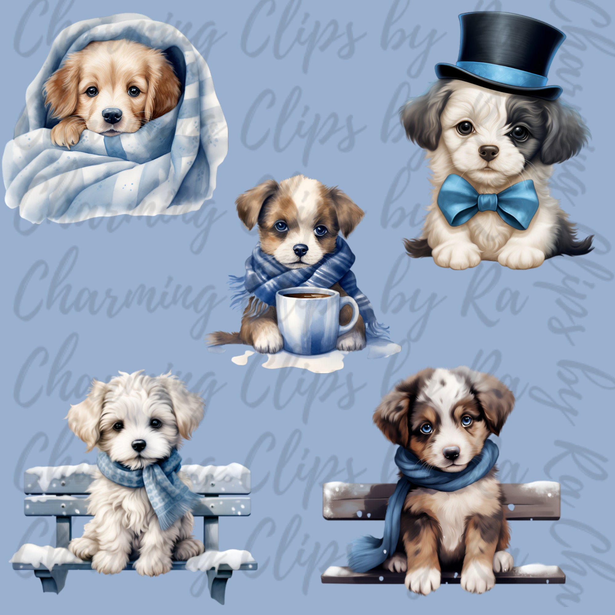 Dog Clipart Bundle, Watercolor Blue Winter Puppies, Winter Animal, Junk ...