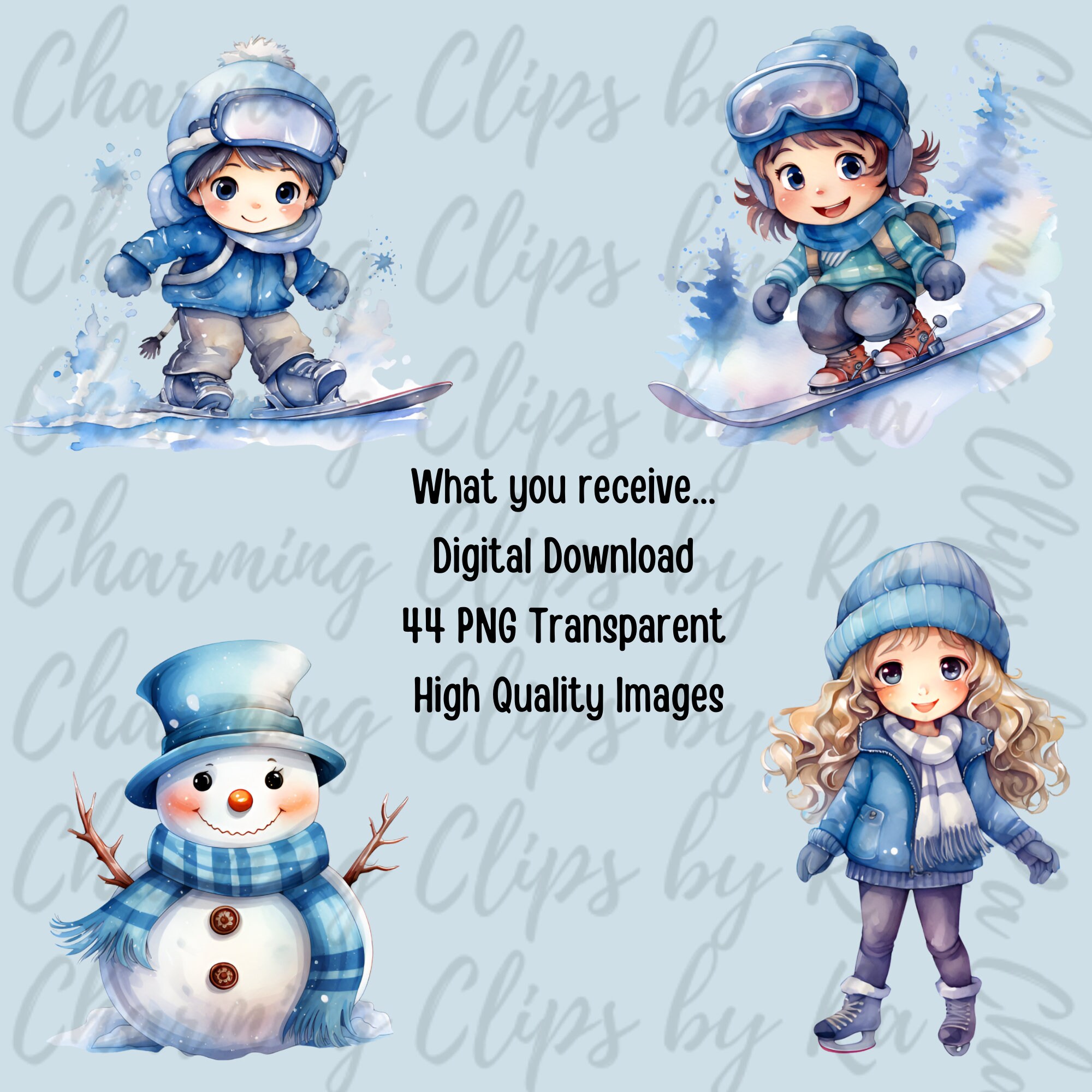 Watercolor Cute Kawaii Winter Clipart, Snowman Clipart, Seasonal, Cozy ...