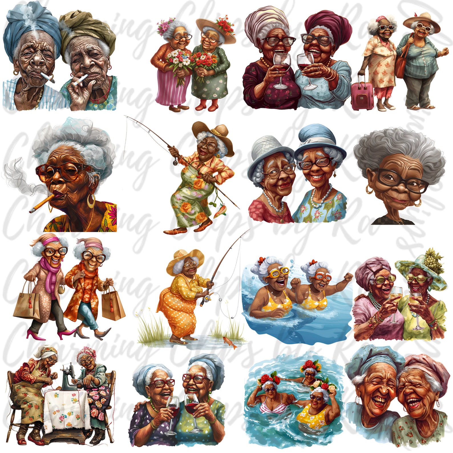 Funny Old Ladies Clipart, Elderly Clipart, Cute Grandma, Old Ladies PNG Bundle, Cheerful Old ...